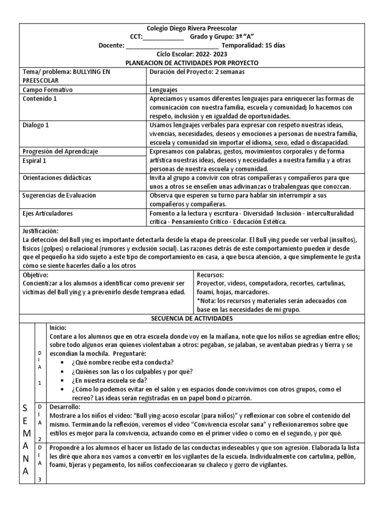 Planeacion Por Proyecto | PDF | Educación de la primera infancia | Inclusión (Educación)