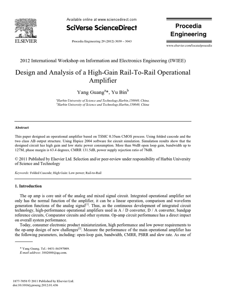 Design and Analysis of A High Gain Rail To Rail Operational Amplifier ...