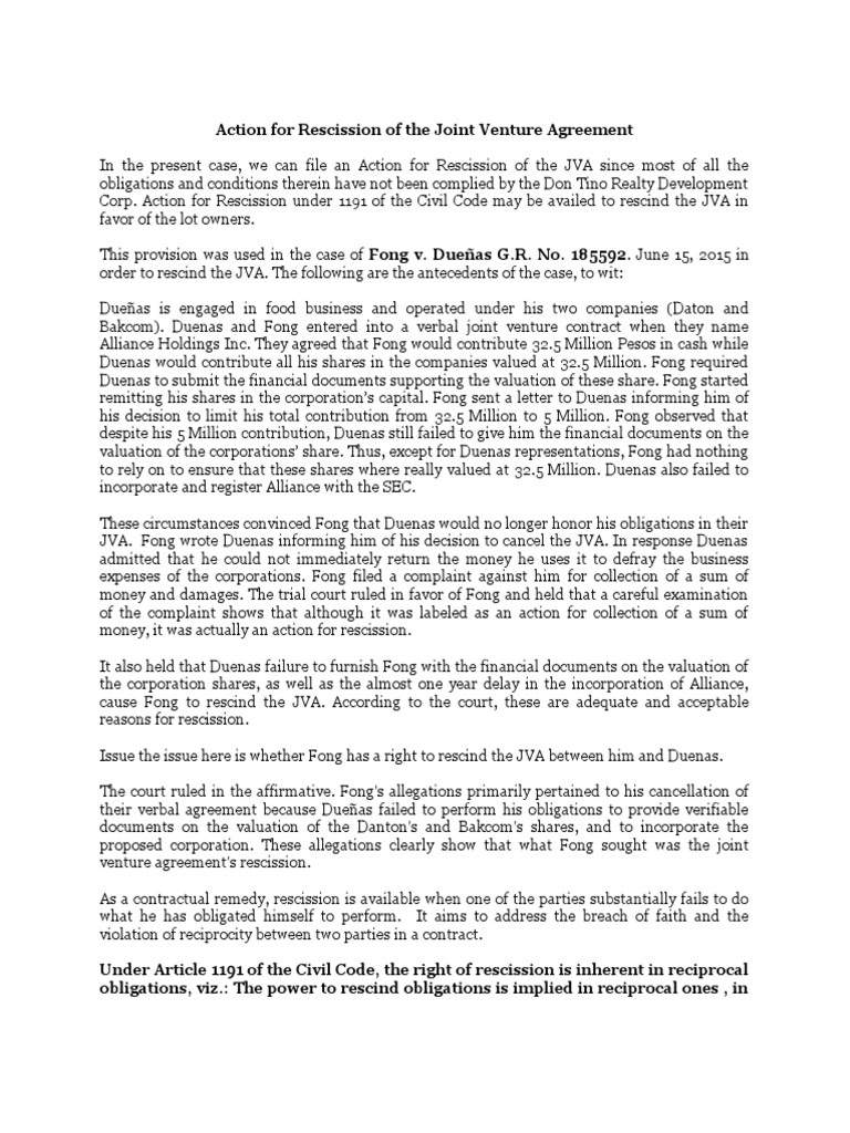 Action For Rescission of The Joint Venture Agreement | PDF ...