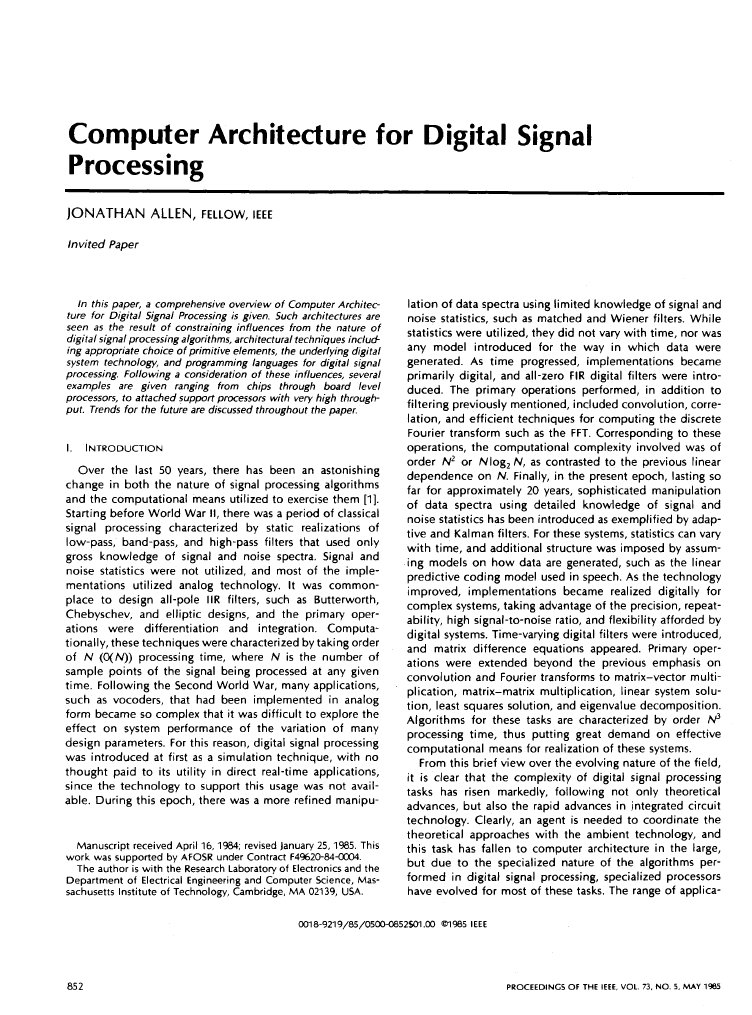 Computer Architecture For Digital Signal Processing: Jonathan Allen | PDF | Instruction Set ...