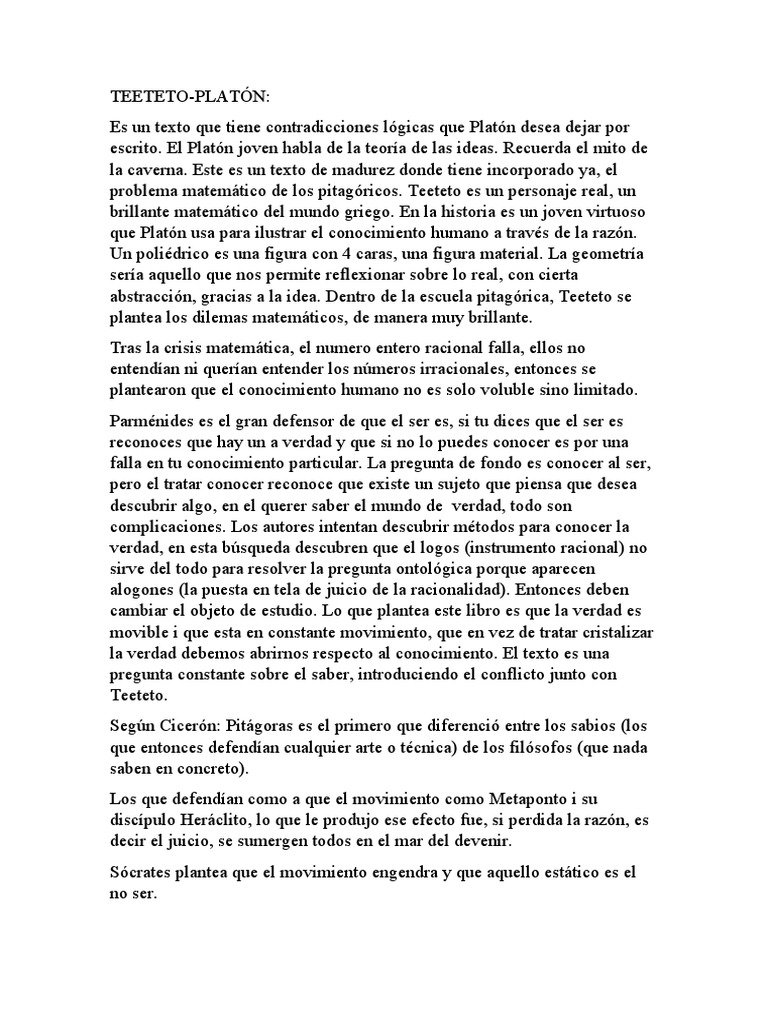 Teeteto Platón Resumen Pdf Conocimiento Verdad