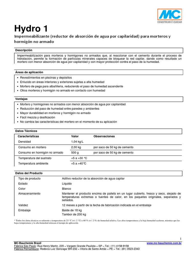 Hydro 1 - Impermeabilizante | PDF | Hormigón | Cemento