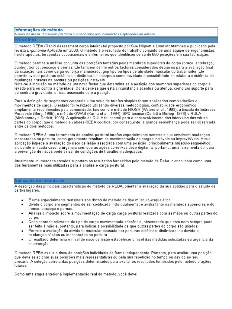 Método REBA: Análise Postural Ergonomica | PDF