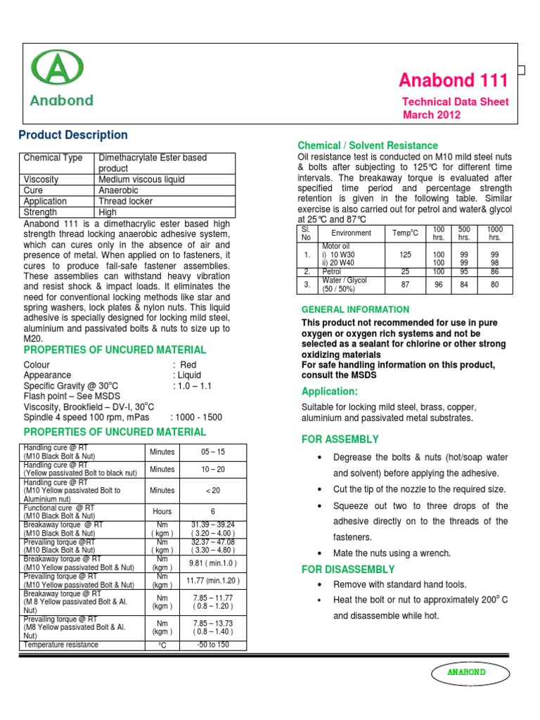 Anabond 111 Thread Locker | PDF | Nut (Hardware) | Screw
