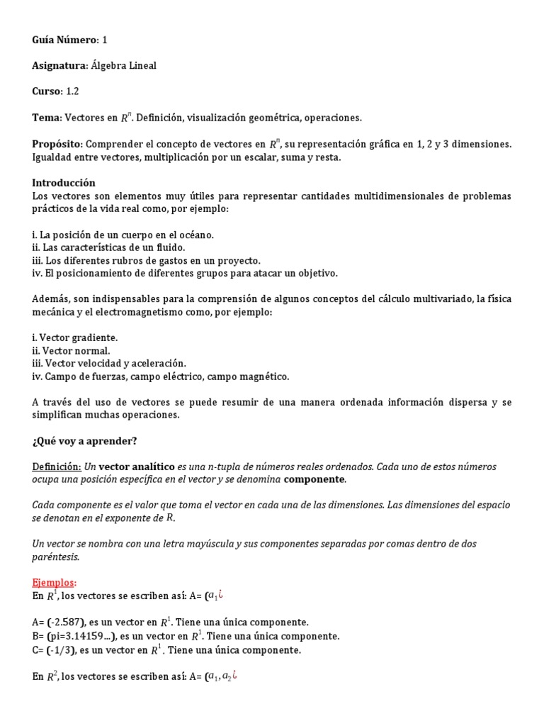 Guía 1 (Vectores en Rn. Parte I) | PDF | Vector Euclidiano | Mecanica clasica