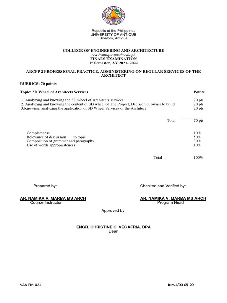 VAA FM 021 Finals Rubric ARCPP 2 1 | PDF