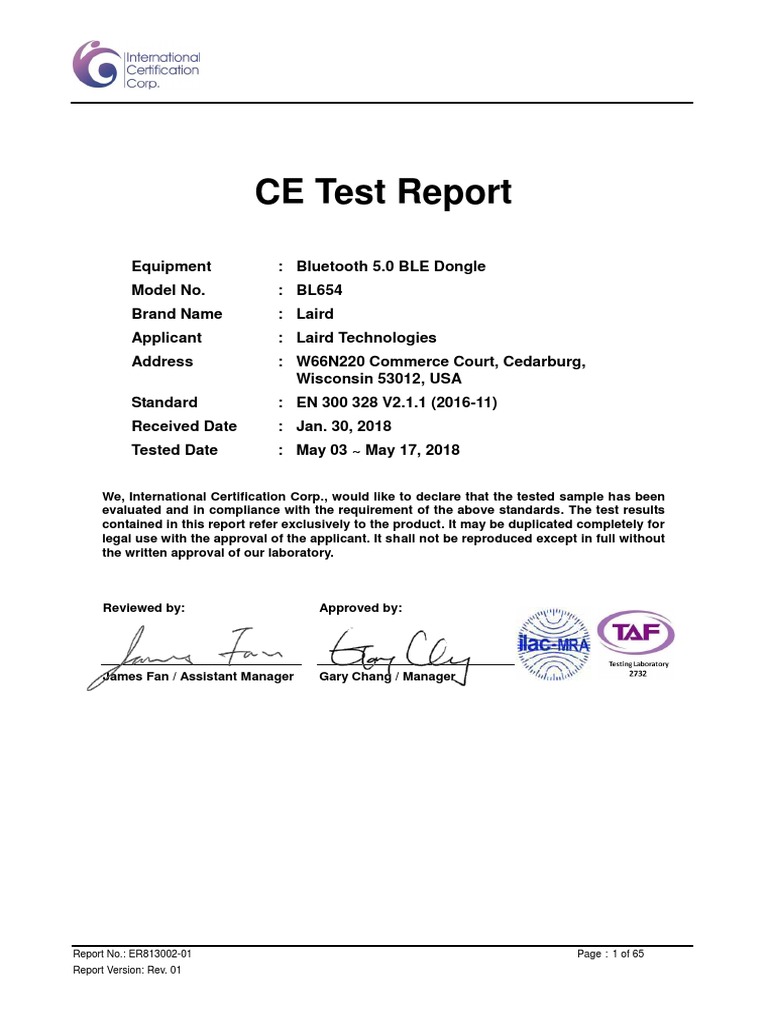 Bluetooth 5.0 BLE Dongle CE Test Report | PDF | Bandwidth (Signal ...