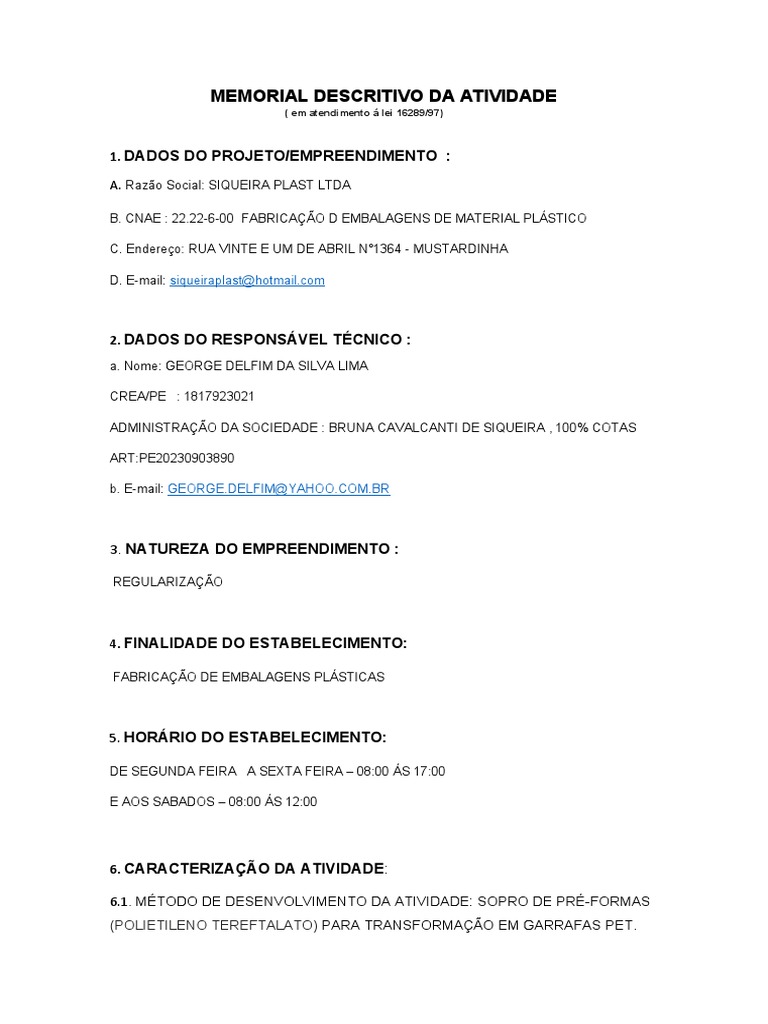 Memorial Descritivo Atividade Fabio | PDF | Desperdício | Embalagem e rotulagem