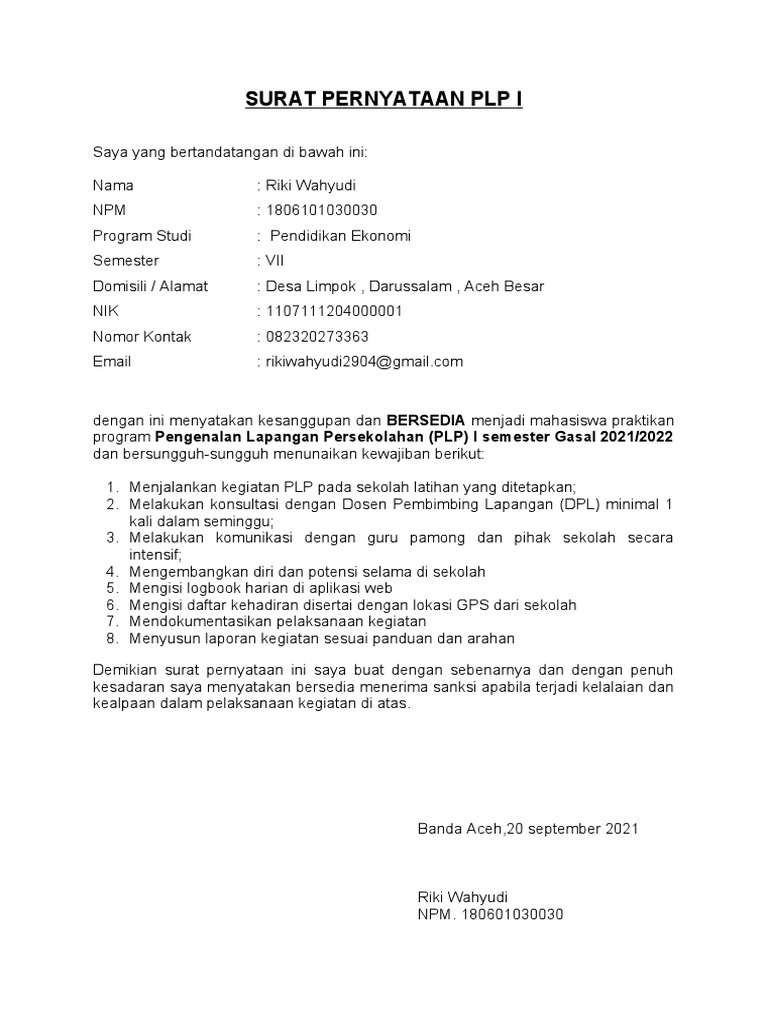 Surat Pernyataan PLP I | PDF
