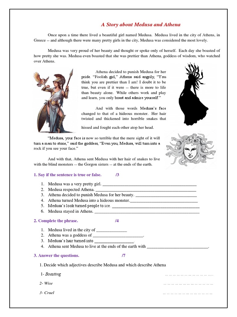 A Story About Medusa and Athena Reading Comprehension Exercises ...