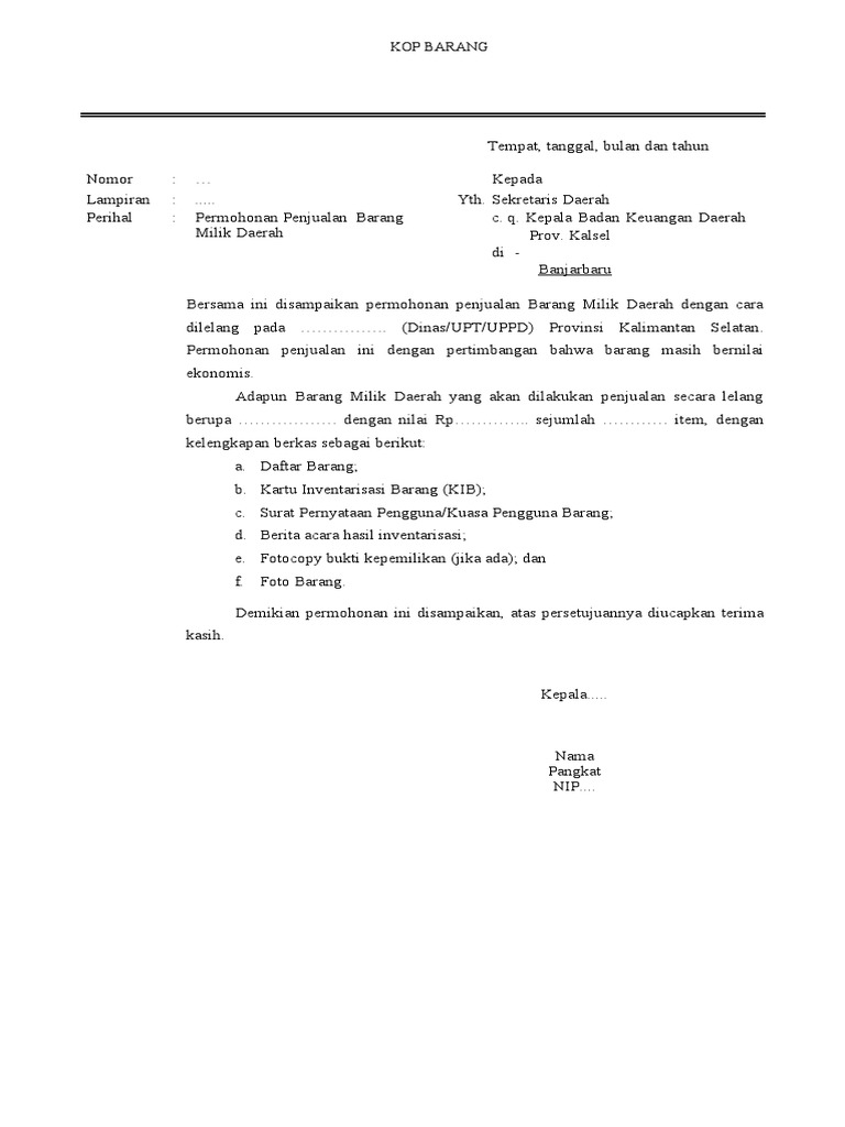 Contoh Format Surat Permohonan Penjualan | PDF