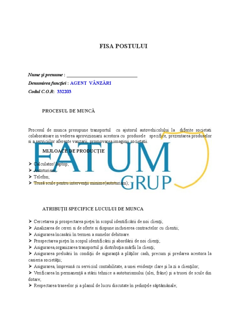 Fisa Post Agent Vanzari | PDF