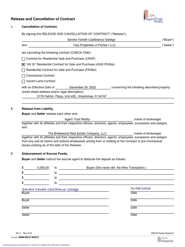 Release and Cancellation of Contract For Sale and Purchase | PDF ...
