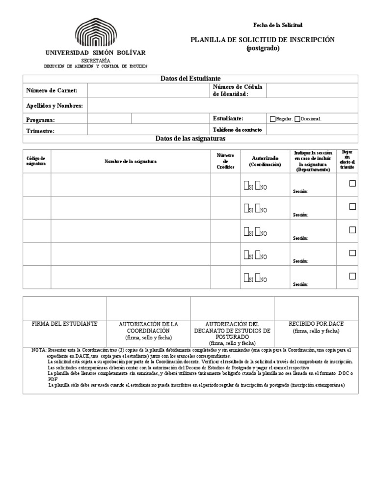 Inscripcion - Planilla de Solicitud de Inscripción-Postgrado | PDF