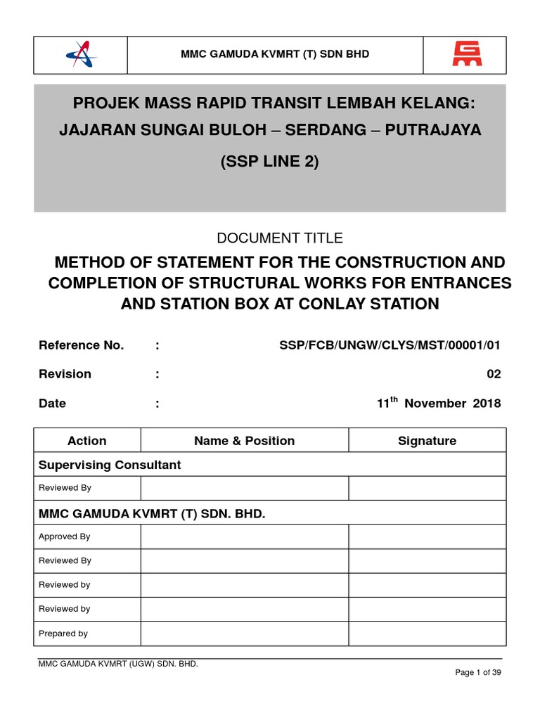 Method Statement for Conlay Station Works | PDF | Concrete | Personal ...