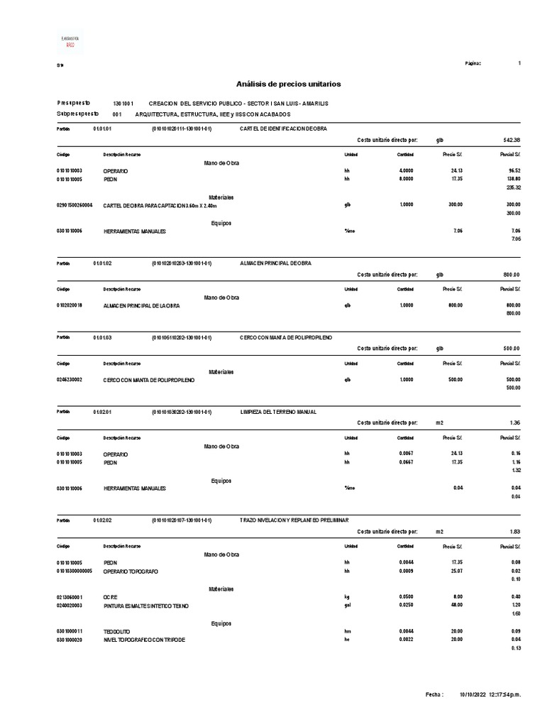 Análisis de Precios Unitarios: Costo Unitario Directo Por: GLB | PDF | Hormigón | Construyendo ...