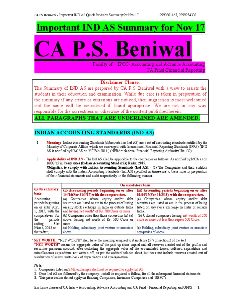 Quick Revision of IND AS - Summary For Nov 17 by CA PS Beniwal-2 | PDF ...