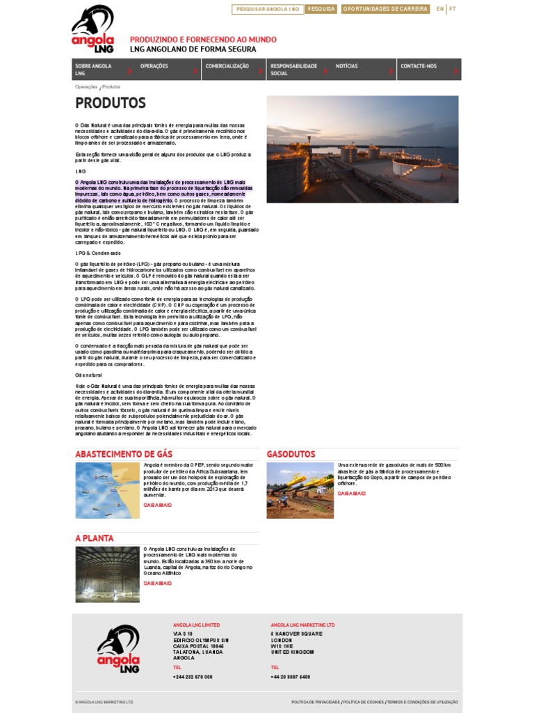 Angola LNG - Produtos | PDF | Gás natural | Gás liquefeito de petróleo