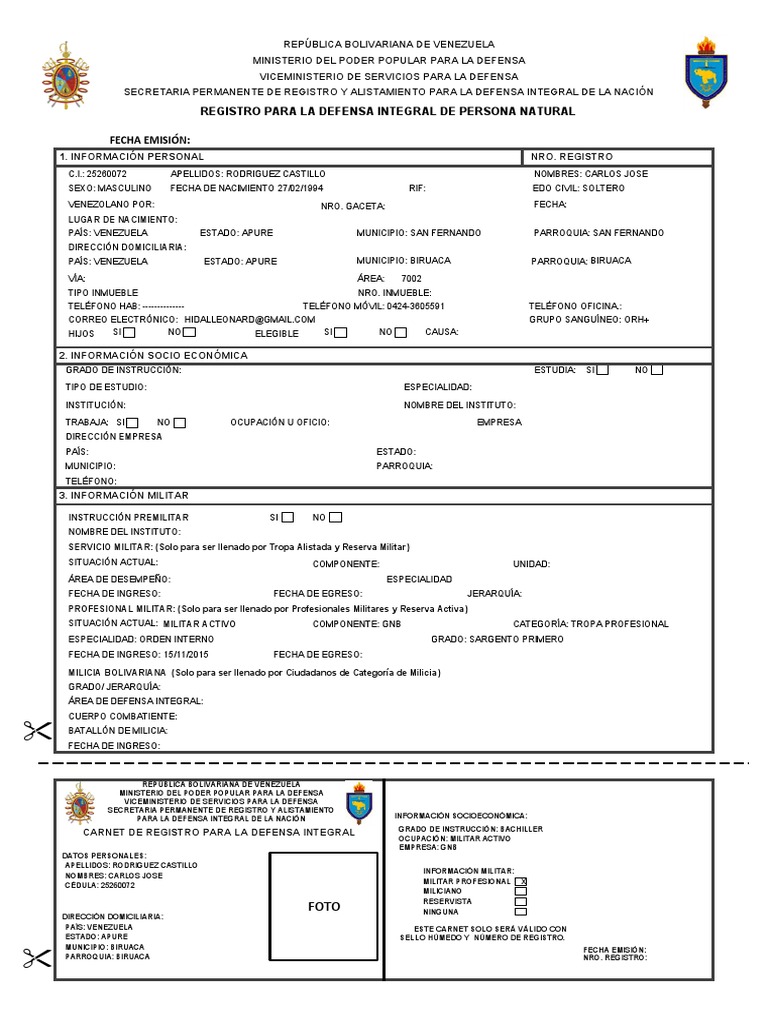 Planilla de Registro para La Defensa Integral de La Nación Inscripcion ...