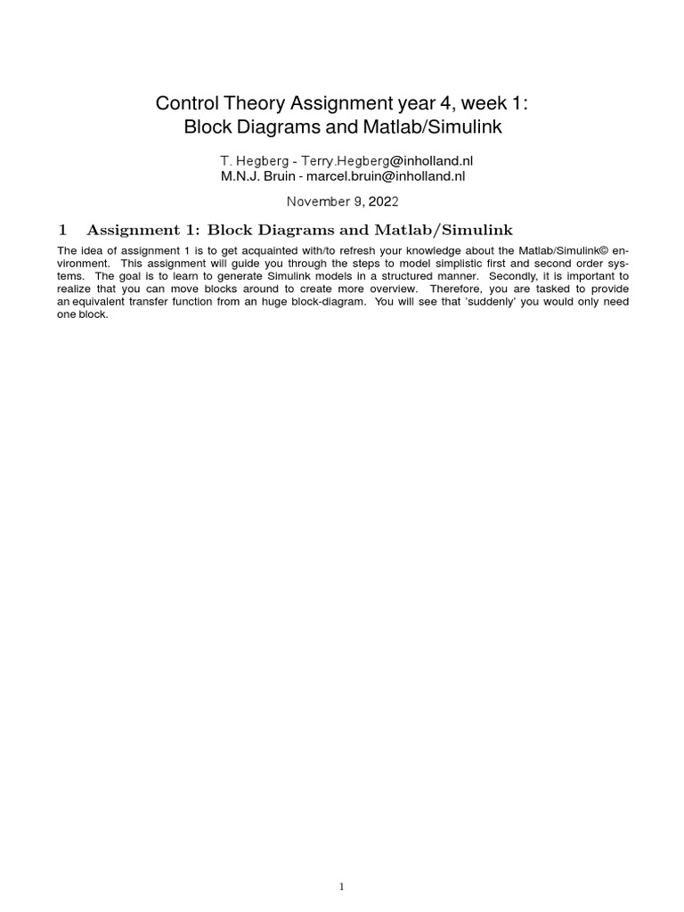 Assignment 1 Block Diagrams And Matlabsimulink Pdf Laplace Transform Computer Engineering