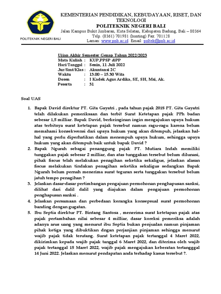 Soal UTS Poltek Negeri Bali Juli 2022 | PDF