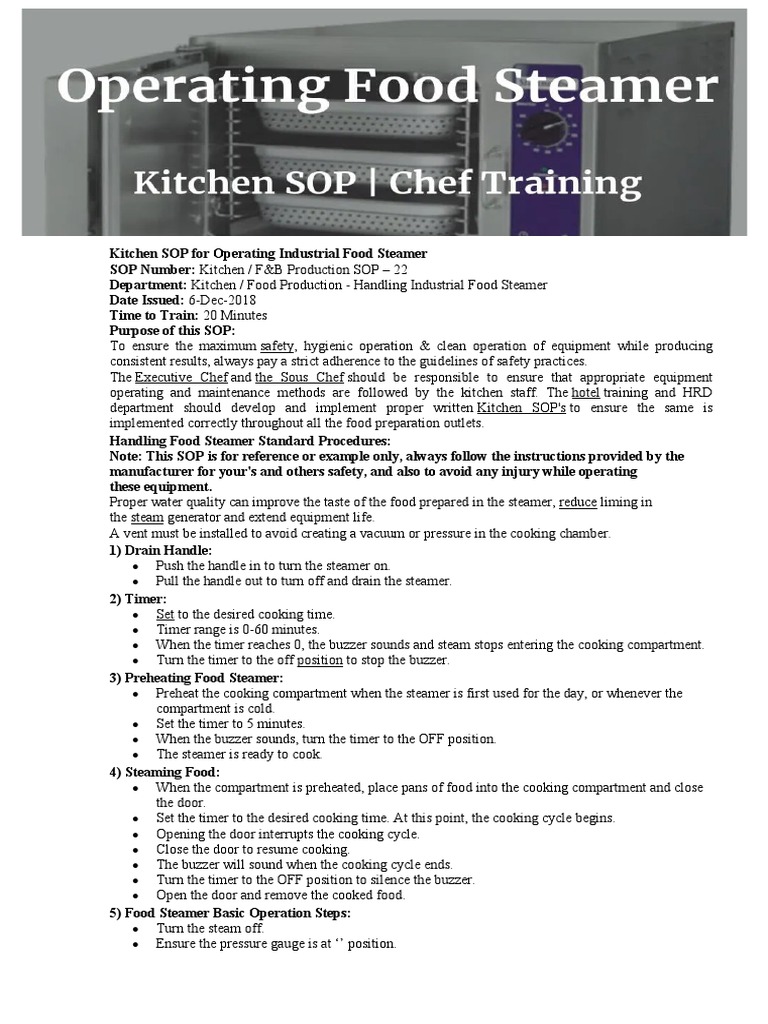 Kitchen SOP For Operating Industrial Food Steamer | PDF | Kitchen | Foods