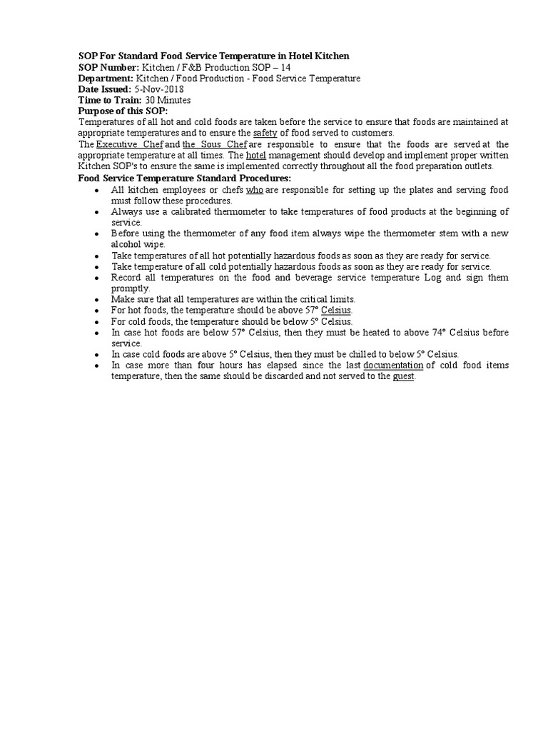 Food Service Temperature SOP for Hotels | PDF