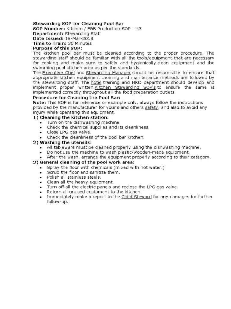 Stewarding SOP For Cleaning Pool Bar | PDF