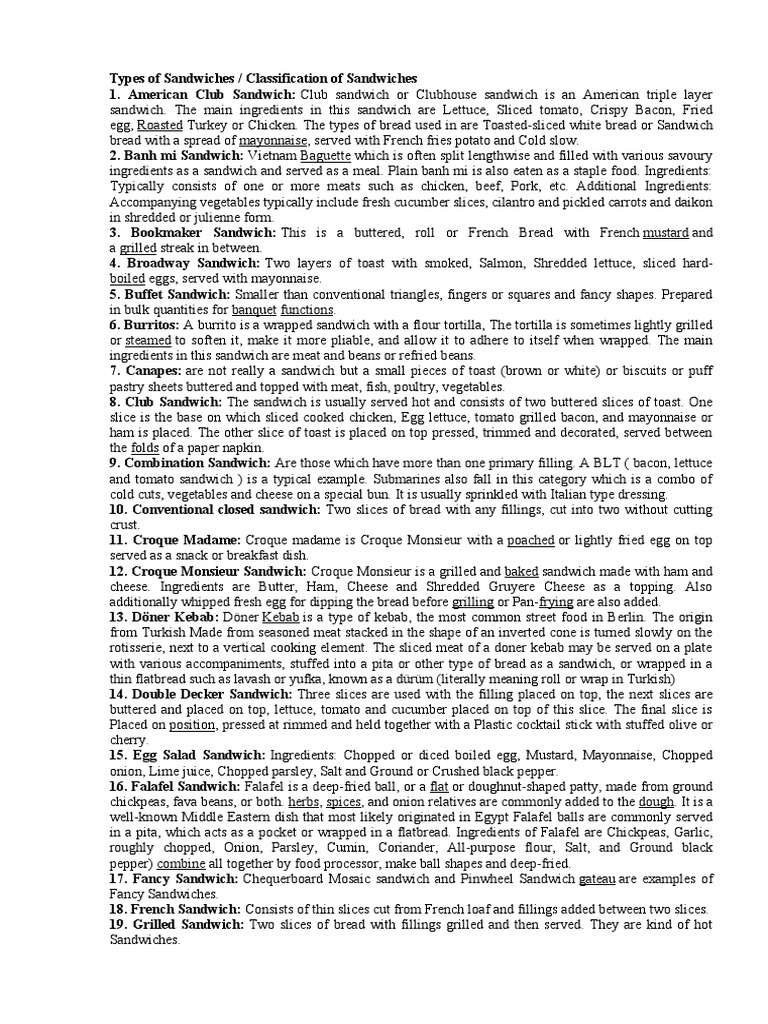 Types of Sandwiches Classification of Sandwiches | PDF | Sandwich | Burrito