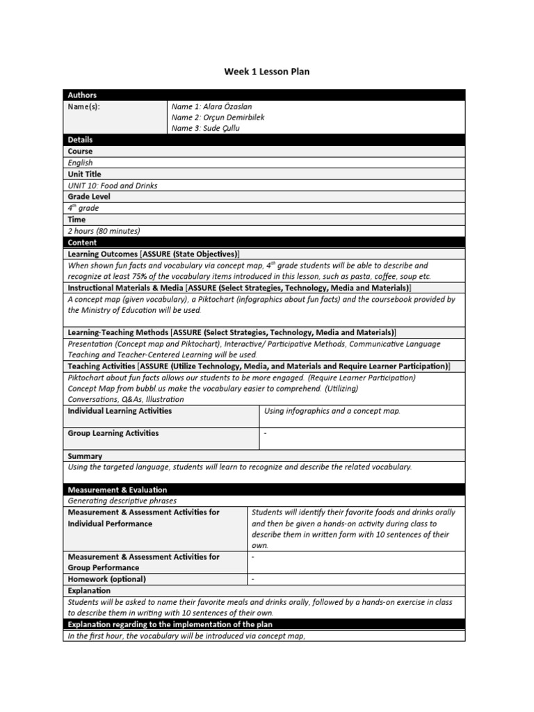 Week 1 Lesson Plan Pdf Teaching Method Lesson Plan 