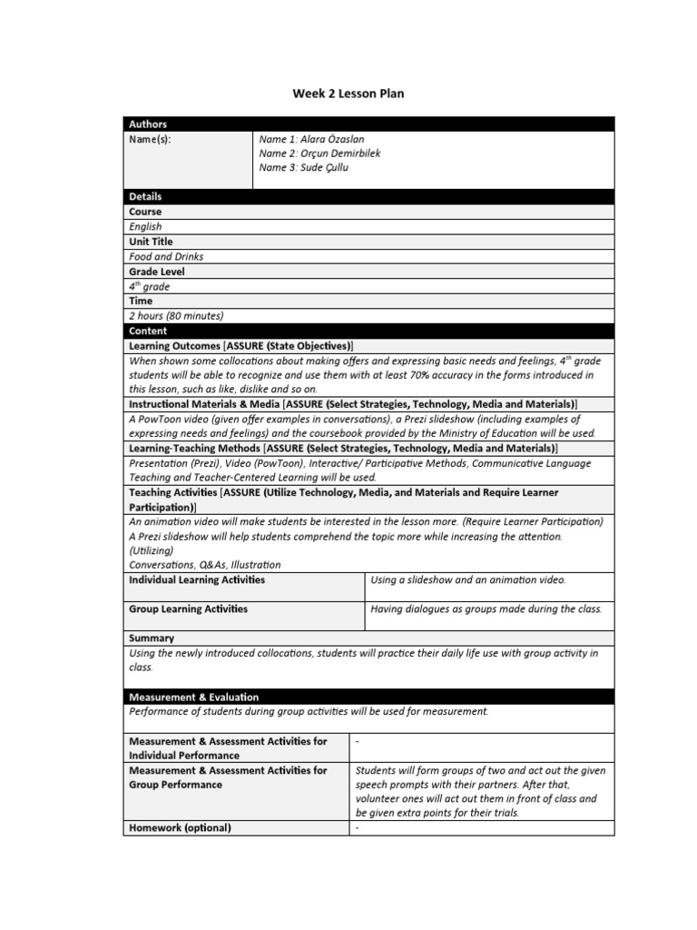 Week 2 Lesson Plan | PDF | Teaching Method | Lesson Plan