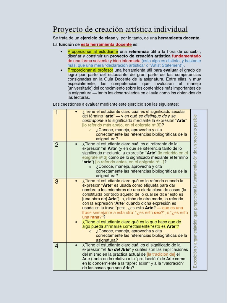 Planilla de Evaluación para El Proyecto de Creación Artística ...