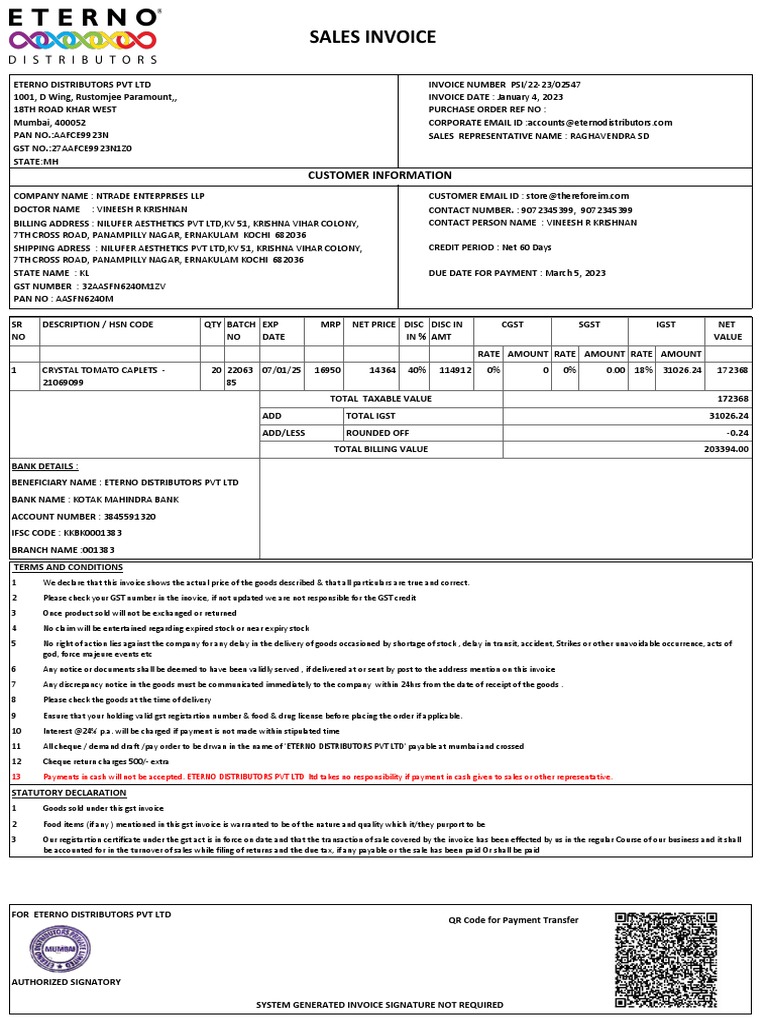 Sales of Crystal Tomato Caplets to Ntrade Enterprises LLP: Invoice for ...