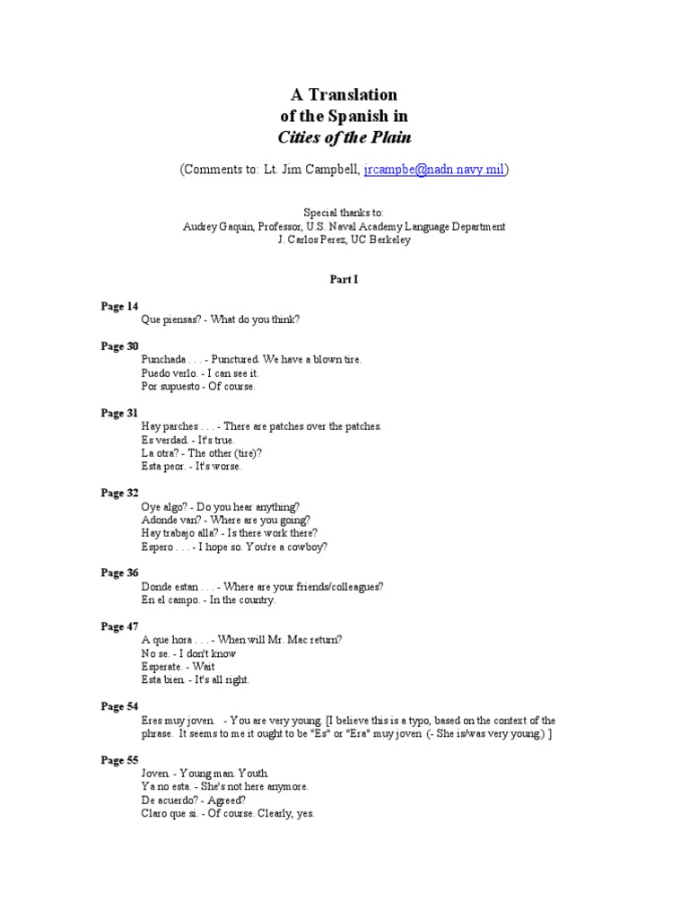 Translation of Spanish Passages in - Cities of The Plain - (Courtesy of ...