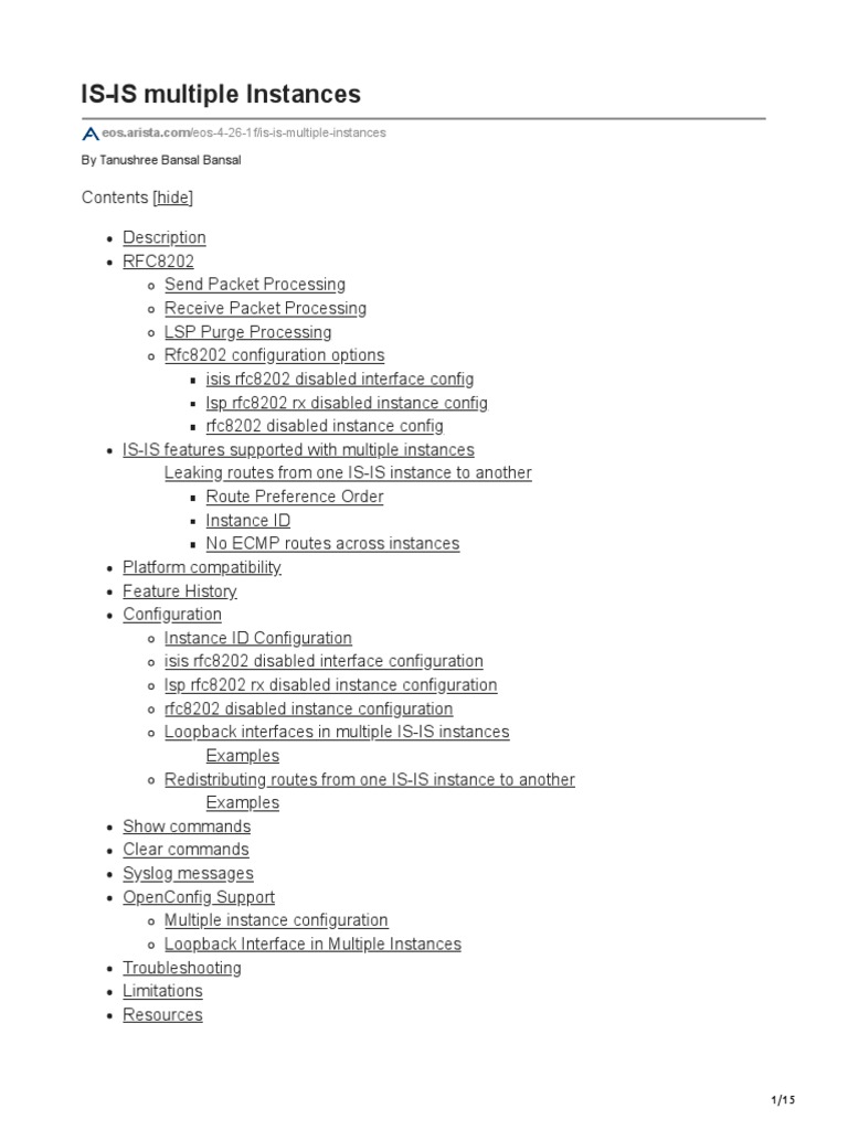 Arista IS-IS Multi-Instance Guide | PDF | Networking | Multiprotocol ...