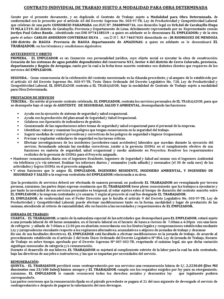 MODELO CONTRATO-Asistente de Seguridad Salud y Ambiente | PDF | Derecho ...