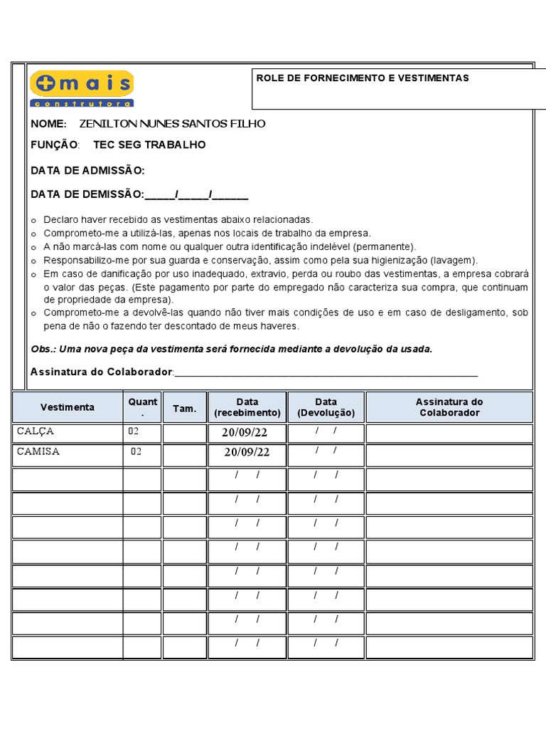 Modelo Ficha de Vestimenta | PDF