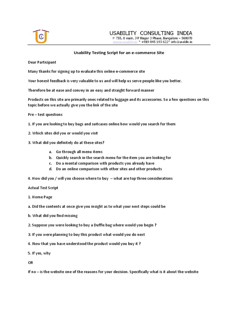 UCI - Usability Testing Script E-Commerce Site | PDF | Usability ...