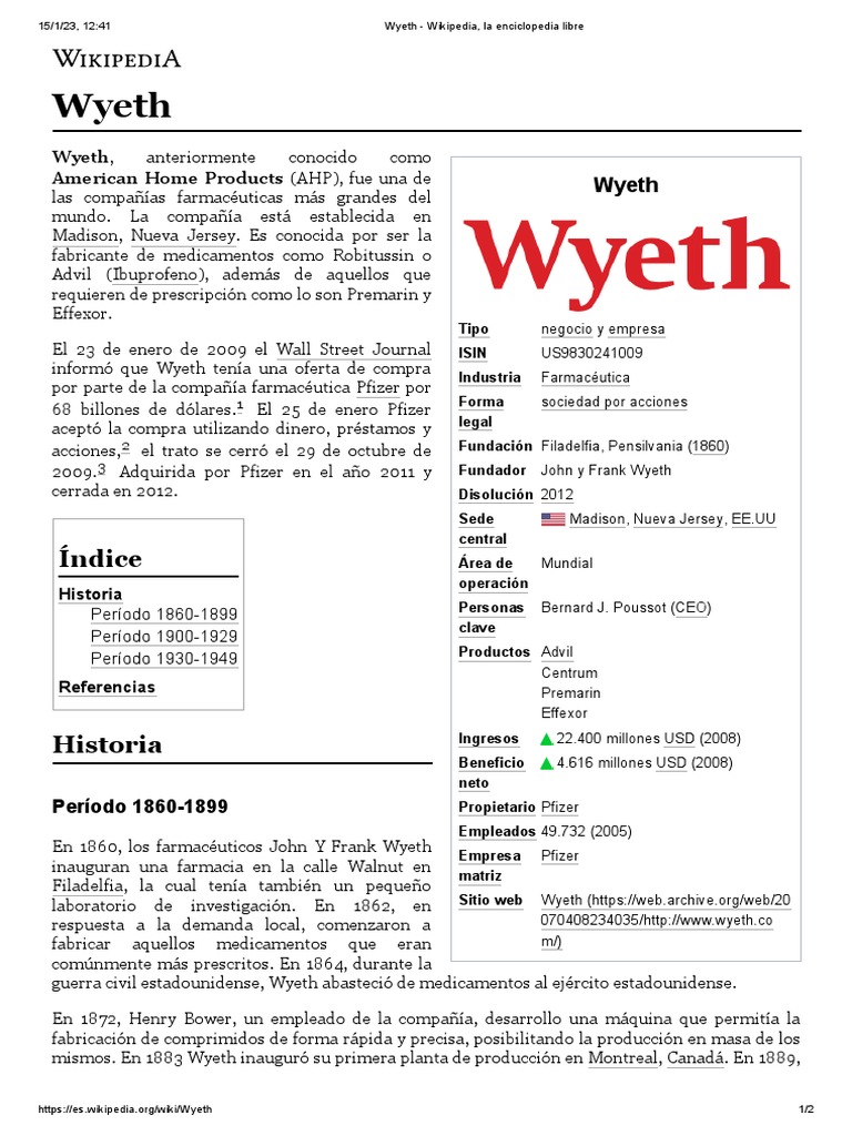 Wyeth - Wikipedia, La Enciclopedia Libre | PDF | Farmacología | Pfizer