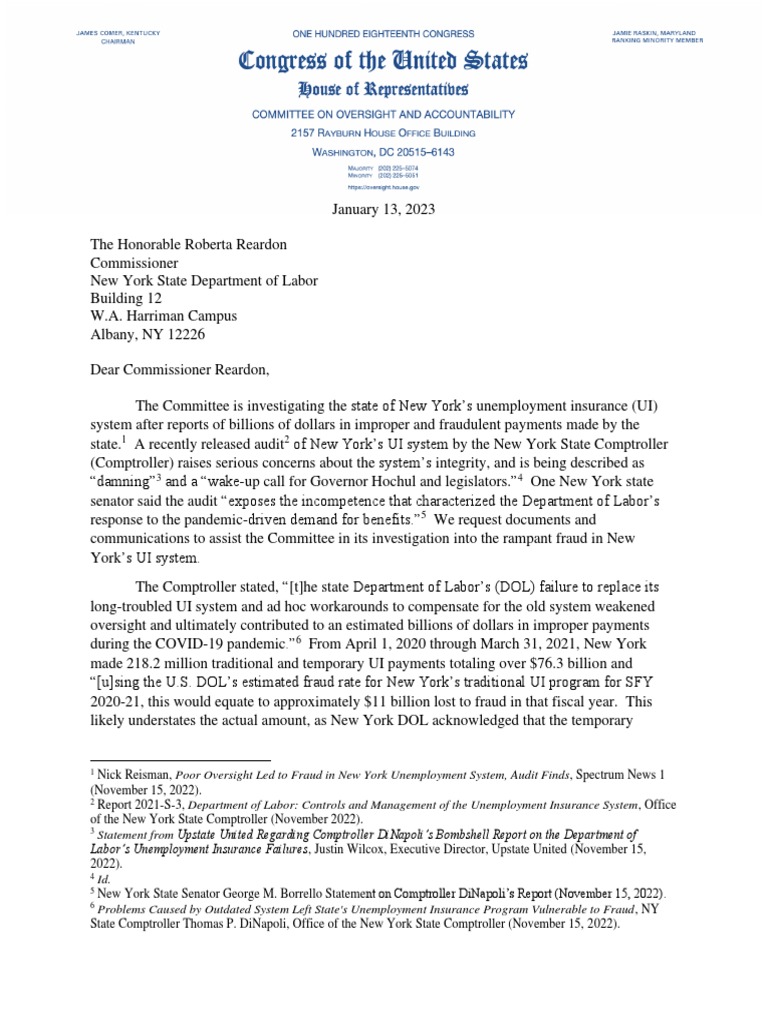 2023 01 13 Ny Ui Fraud Letter To Ny Dol - Final | Download Free PDF ...