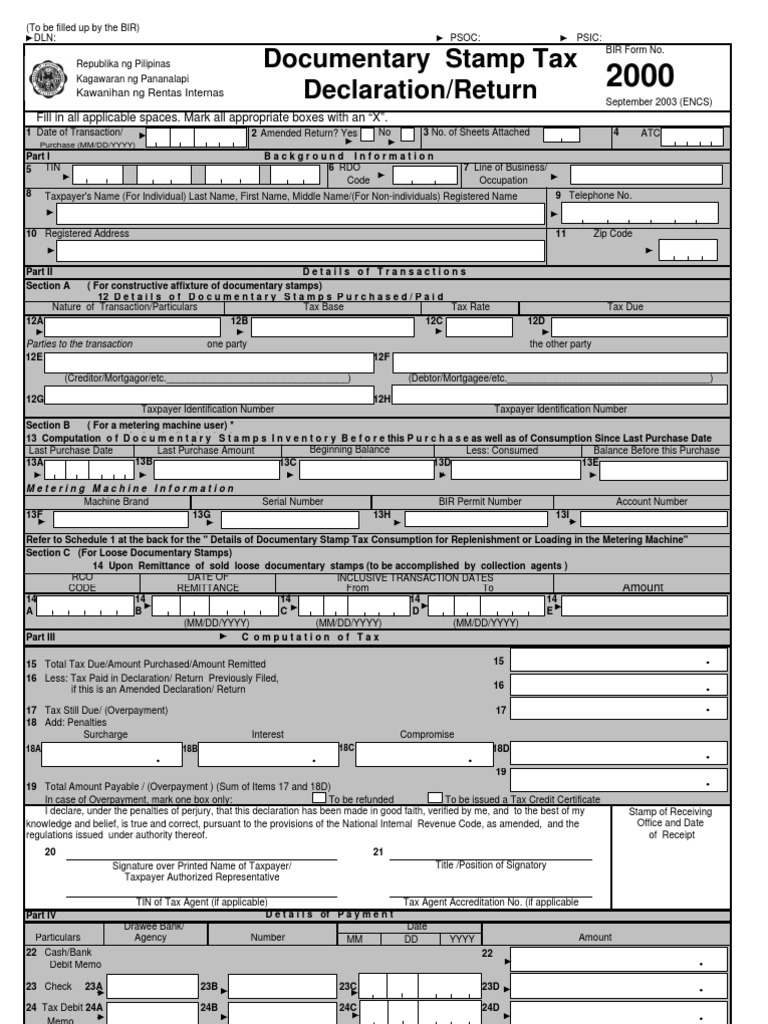 BIR Form 2000: Documentary Stamp Tax Declaration/Return - Guidelines ...