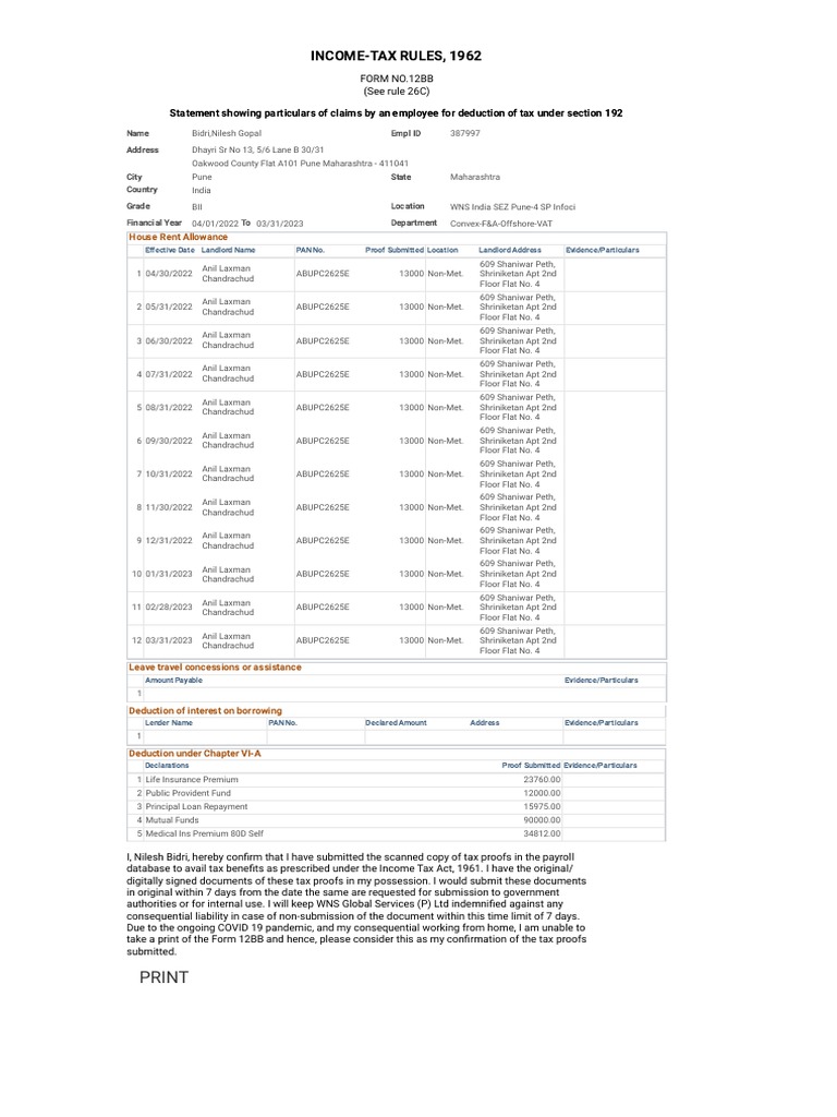 Wns Form 12bb Fy22-23 | Download Free PDF | Loans | Public Finance