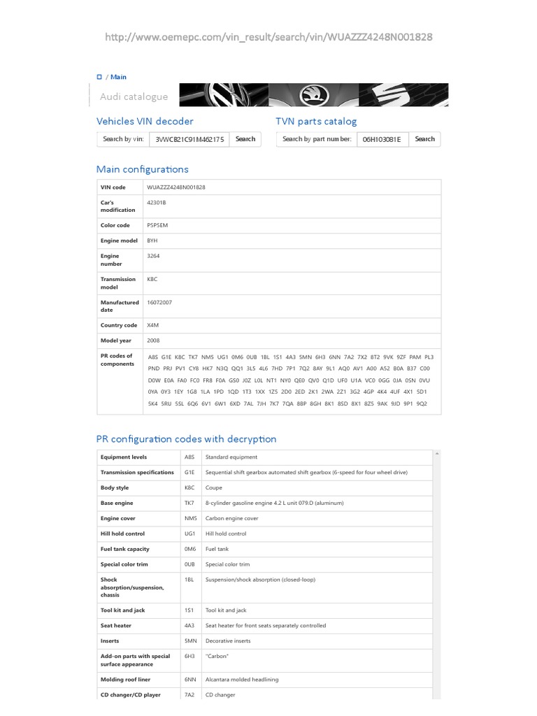 Audi R8 VIN and PR Code Decoder | PDF | Airbag | Headlamp