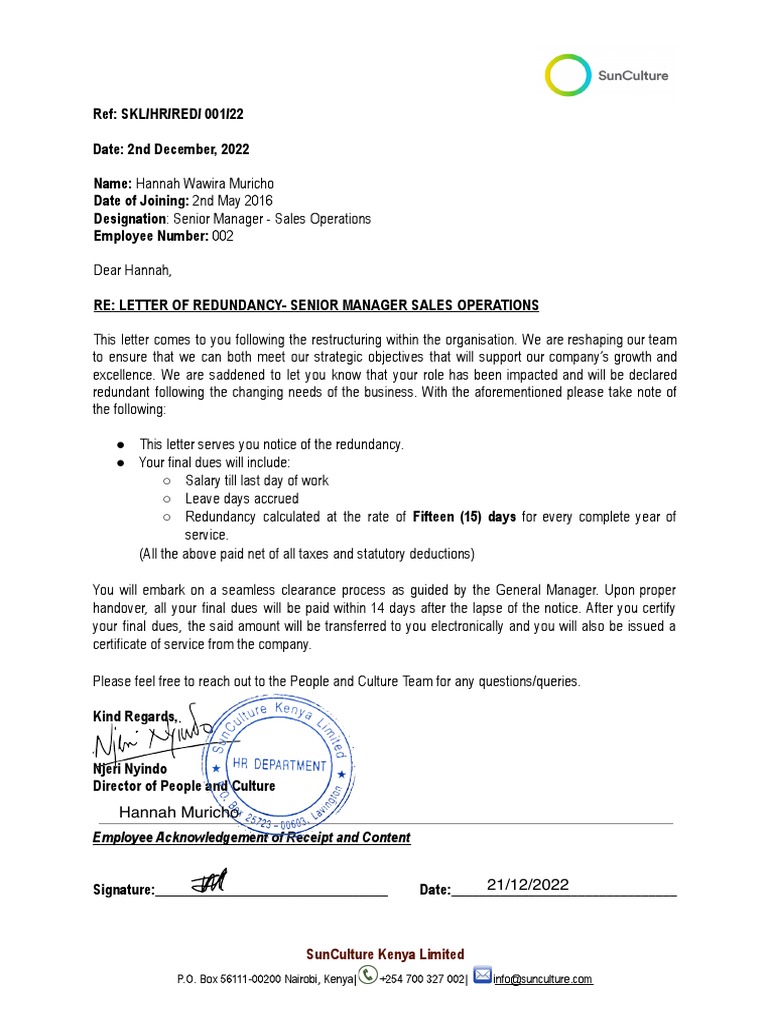 Redundancy Notice Letter - Hannah Muricho 3 | PDF