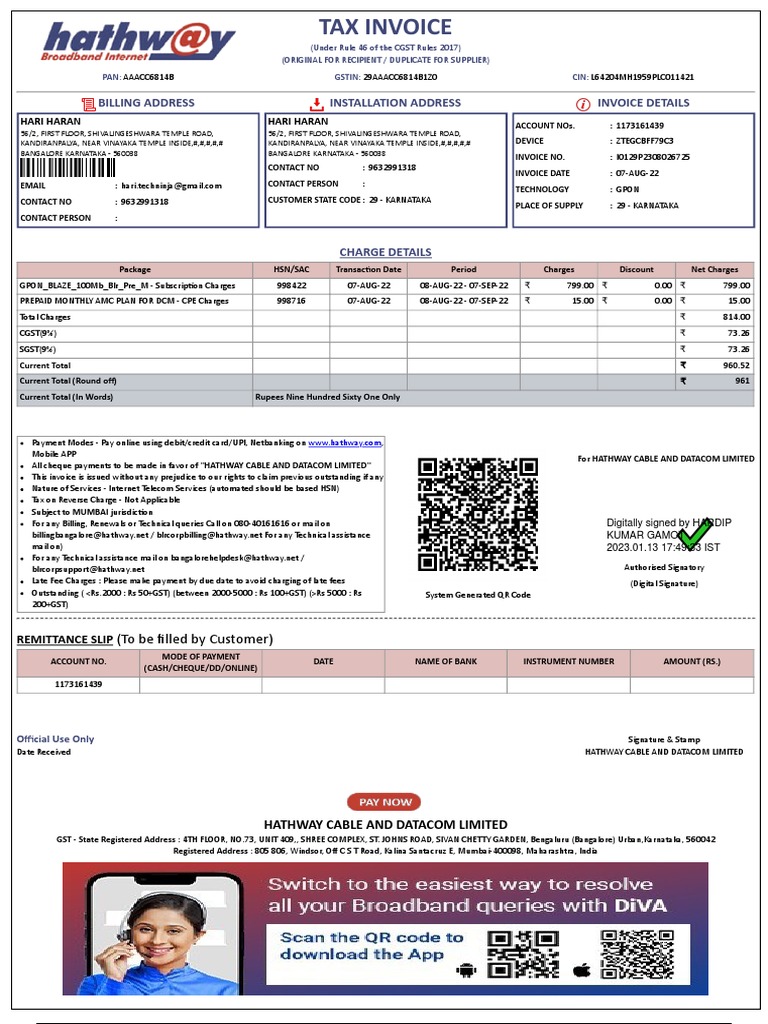 Subscription and Service Charges Invoice for Hari Haran from Hathway Cable and Datacom Limited ...