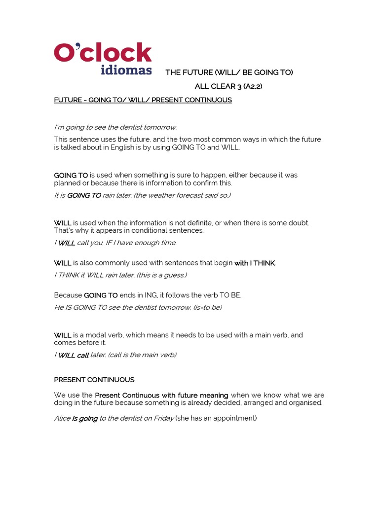 All Clear 3 A2 2 The Future - Will - Going To - Present Continuous ...