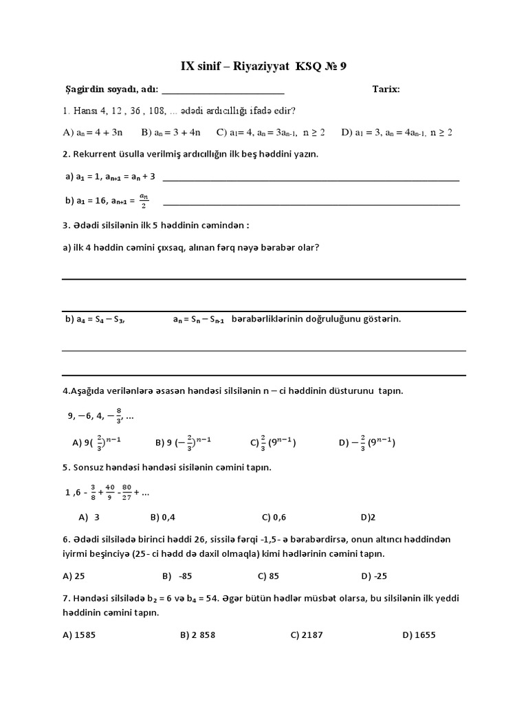 9cu Sinif Riyaziyyat - 9cu KSQ | PDF