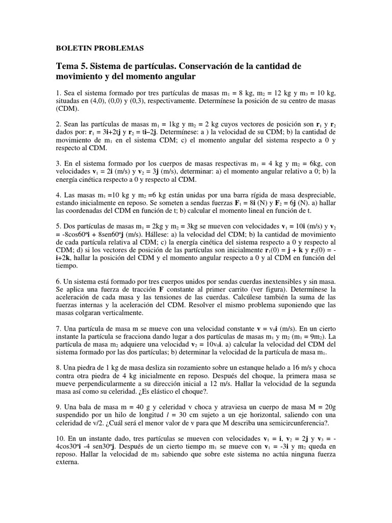 Boletin 5. Sistema de Partículas. Conservación de La Cantidad de Movimiento y Del Momento ...