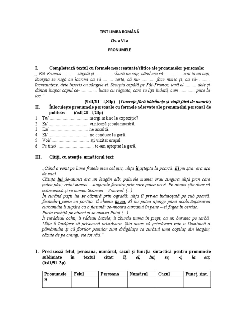 Test LB Rom Pronumele Cls VI | PDF