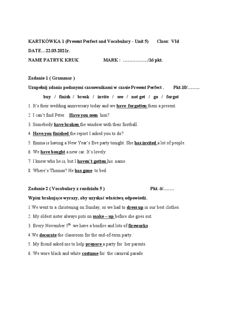 Present Perfect Quiz and Vocabulary Unit 5 | PDF